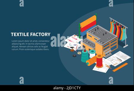 Textile industry manufacturing factory production isometric composition with yarn fabric design ...