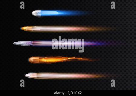 Realistic images of colorful flying bullets traces on transparent ...