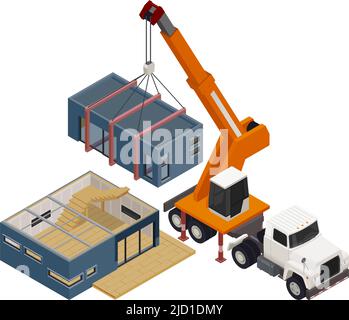 Modular frame building isometric composition with set of trucks with ...
