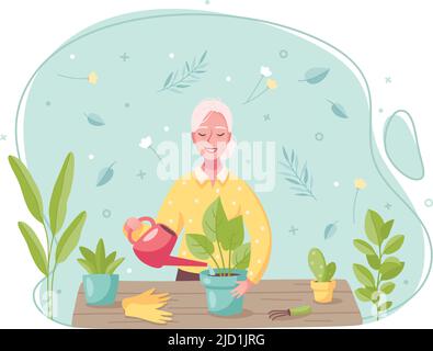 Hobby pastime activities cartoon composition with woman watering ...