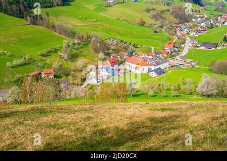 Germany, Rural schwarzwald village elzach view above church and houses ...