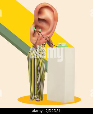 Bright poster with young shouting woman's portrait made with monochrome ...