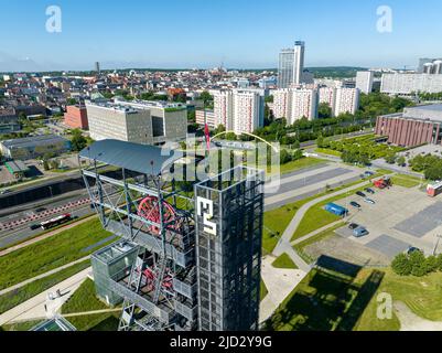 Aerial photo of “Spodek” arena complex and modern city center of ...