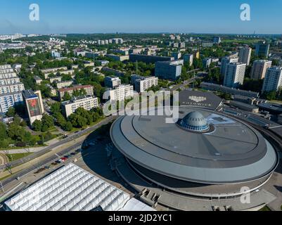 Aerial photo of “Spodek” arena complex and modern city center of ...