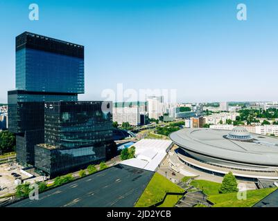 Aerial photo of “Spodek” arena complex and modern city center of ...