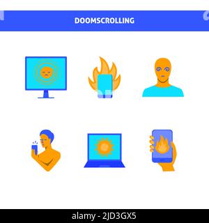 Doomscrolling, psychology problem vector illustration. Cartoon sad man with panic expression ...
