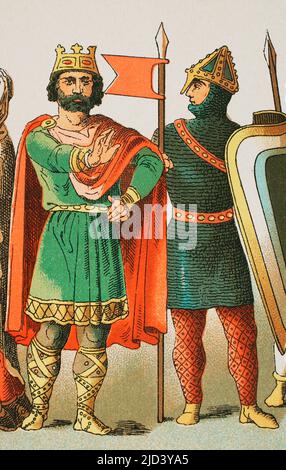 Middle Ages. France (year 900). From left to right: warrior, lady ...