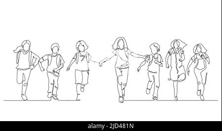 Drawing of group of students walking to school happy. Single continuous ...