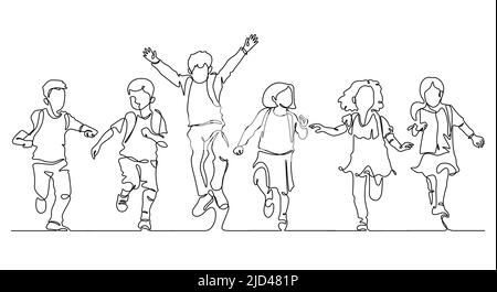 Drawing of group of students walking to school happy. Single continuous ...