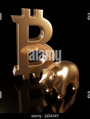 3d render of bitcoin symbol and bear over dark. Bitcoin cryptocurrency ...