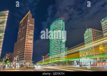 Berlin. Germany. Potsdamer Platz, night view of skyscrapers and the ...