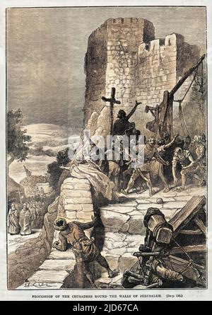 FIRST CRUSADE: SIEGE OF JERUSALEM 1099 in a 14th Century manuscript ...