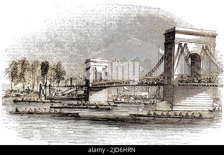 Rowing Boats passing under Hammersmith Bridge, London 1843 Stock Photo ...