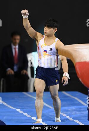 Carlos Edriel Yulo of Philippines celebrates during an award ceremony ...
