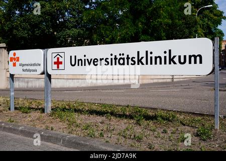 Mannheim, Germany. 17th June, 2022. A sign reading "University Hospital ...