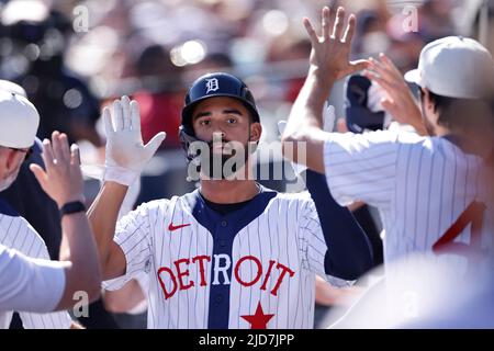 Detroit Tigers' Riley Greene celebrates after hitting an RBI double ...