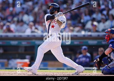 Detroit Tigers' Eric Haase hits a one-run single in the eighth inning ...