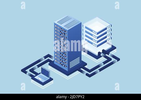 Transfer of user data to the server. Data flow. Data storage. Server. Digital space. Data center ...