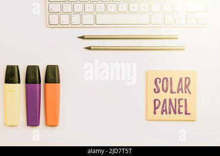 Sign displaying Solar Panel. Word Written on designed to absorb suns ...