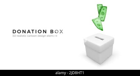 White donation box with falling paper dollar. 3D realistic charity and ...