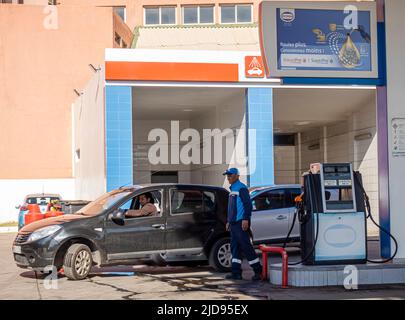 Car filling refueling fueling at Petrom gas station, Marrakech, Morocco ...