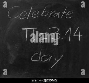 Chalkboard with text CELEBRATE PI DAY and stationery on dark wooden ...