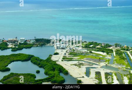 Aerial view off the coast of Ambergris Caye; Ambergris Caye, Belize ...