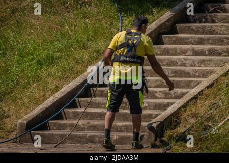 Gipsy workman near fresh Jizera river in Semily town 06 17 2022 Semily ...