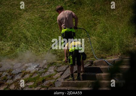 Gipsy workman near fresh Jizera river in Semily town 06 17 2022 Semily ...
