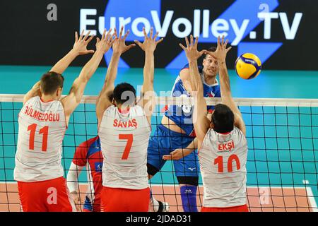 Jan Galabov of the Czech Republic spikes during the bronze medal match ...