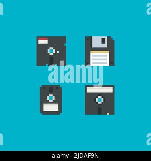 Pixel art memory card vector 8 bit icon set on light blue background ...