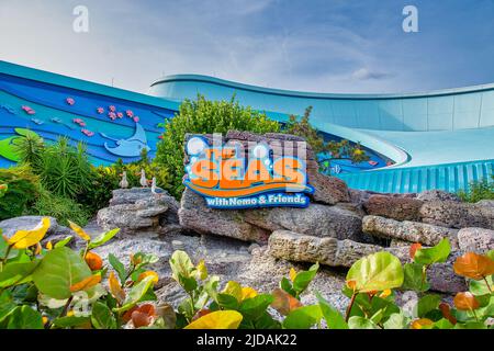 Sign at the entrance to the Seas with Nemo ride at Epcot Disney World ...