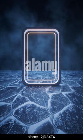 Geometrical frame with ice ground surface, 3d rendering. Computer ...