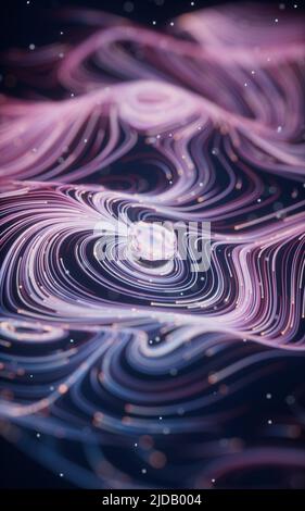 Wave particles lines with swirling pattern, 3d rendering. Computer ...