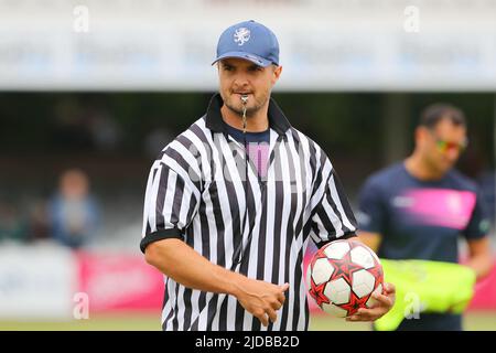 Jack Brooks of Somerset referees a pre-match football game during Essex ...