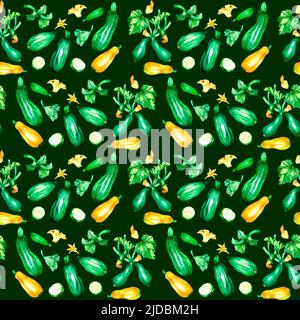 Variety of green and yellow zucchini watercolor illustration seamless ...