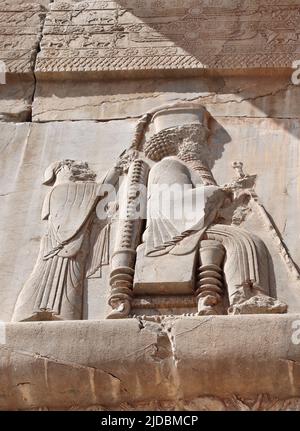 Persepolis. Darius seated on his throne with Xerxes behind, relief from ...
