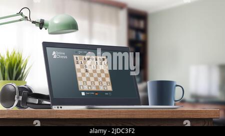 User playing chess online on smartphone at home, strategy video games ...