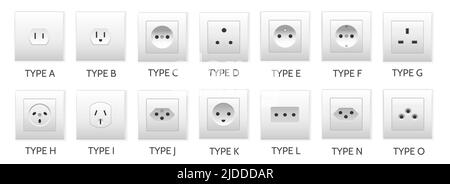 Wall socket and plug types. Electrical power point, white outlet and ...
