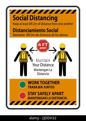 Warning Bilingual Social Distancing Construction Sign Isolate On White ...