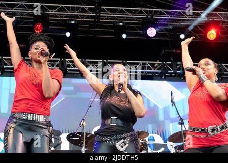 Debbie Sledge, of Sister Sledge performing at the Soultasia music ...