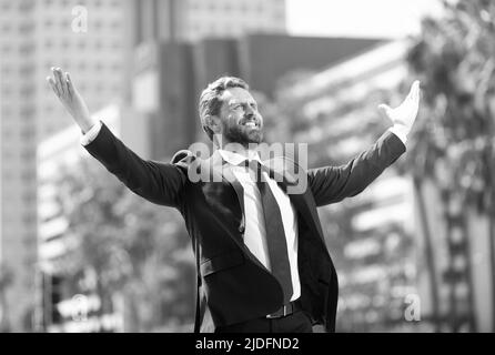 so good. bearded man feel the joy. man with gift box celebrating ...
