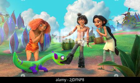 THE CROODS, from left: Guy (voice: Ryan Reynolds), Eep Crood (voice ...