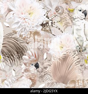 watercolor seamless boho pattern. parrots, flowers and shells. beige ...