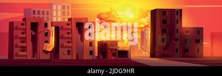 Atomic bomb explosion in destroyed city with broken buildings. Vector ...