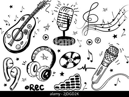 Set of hand-drawn musical elements in sketch style. Guitar, piano ...