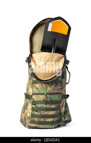 Open military backpack of khaki color on a white background Stock Photo ...