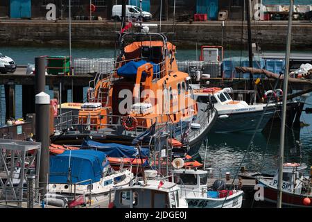 Severn Class Penlee Lifeboat moored in Newlyn Harbour near the lifeboat ...