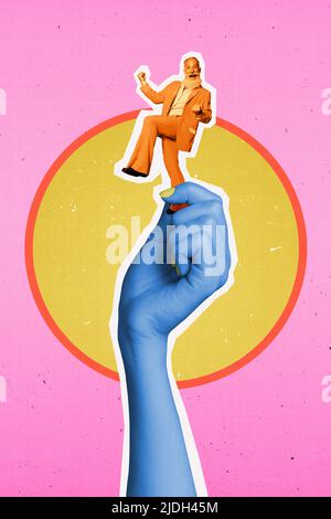 Vertical collage image of funny small girl hands hold huge pink pen ...