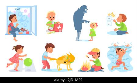 Children dangerous situation. Kids in risk. Boys and girls playing with ...